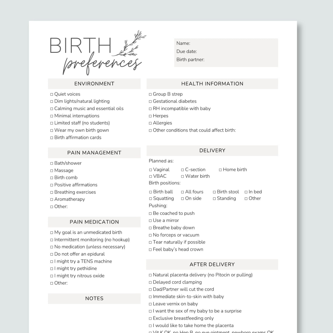 Birth Plan Template, Birth Plan Printable, Editable Birth Preferences ...