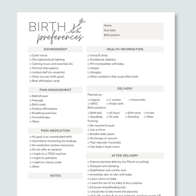 Birth Plan Template, Birth Plan Printable, Editable Birth Preferences ...