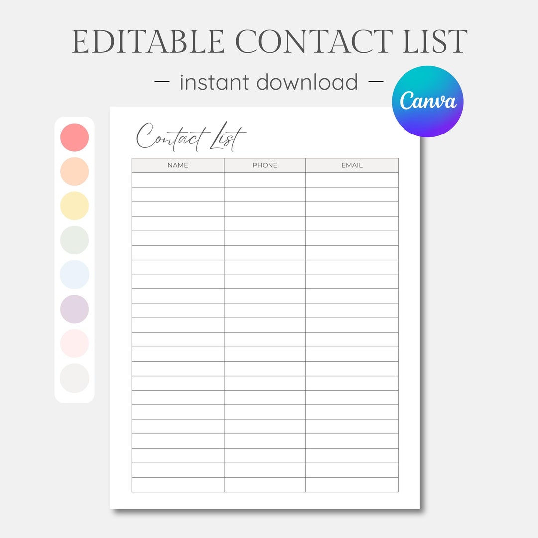 Editable Contact List Canva Template, Printable Contact List Sheet ...