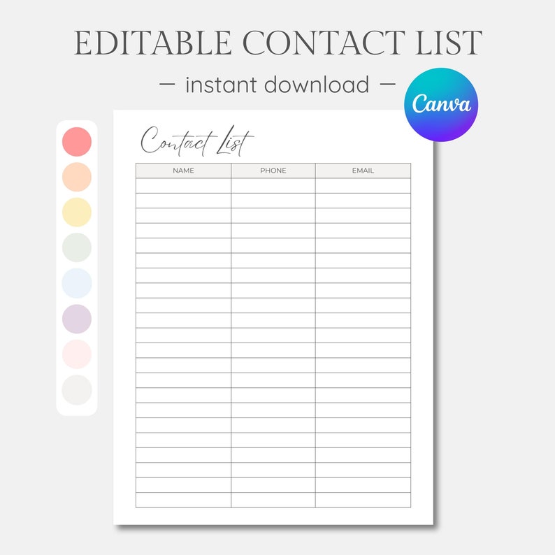 Editable Contact List Canva Template, Printable Contact List Sheet ...