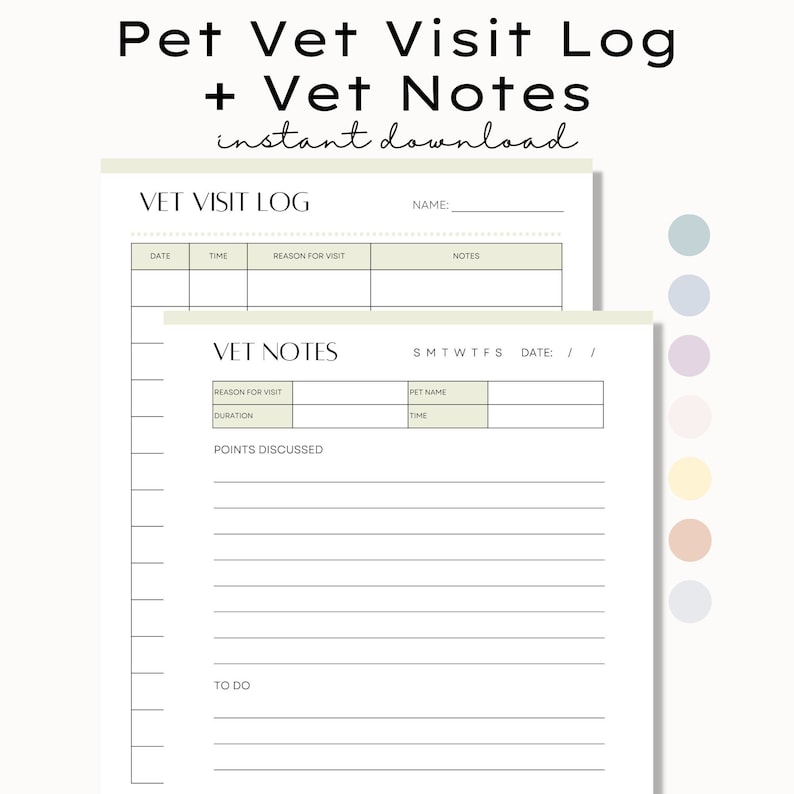 Printable Pet Vet Visit Log, Vet Notes, Dog Vet Visit, Cat Vet Visit ...