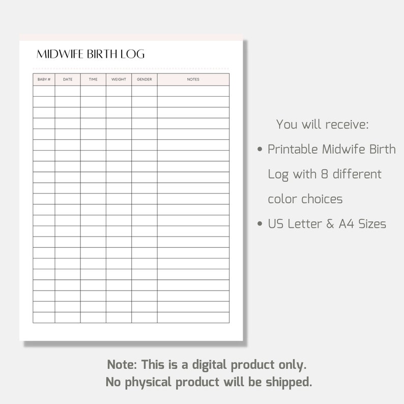 Printable Midwife Birth Log, Student Midwife Delivery Log, Midwife ...