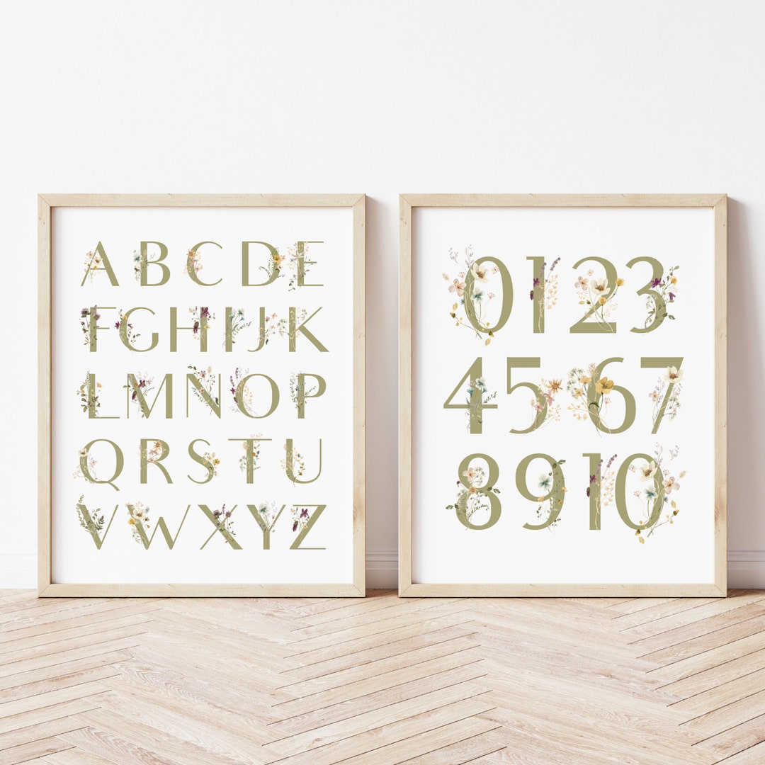 Set of 2 Wildflowers Alphabet Numbers Poster, Floral Alphabet Print ...