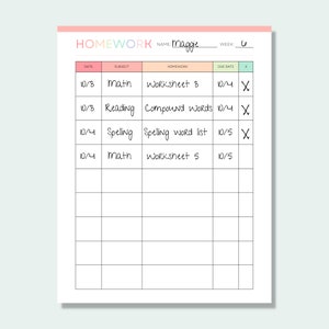 Printable Kids Homework Planner, Elementary Homework Tracker ...