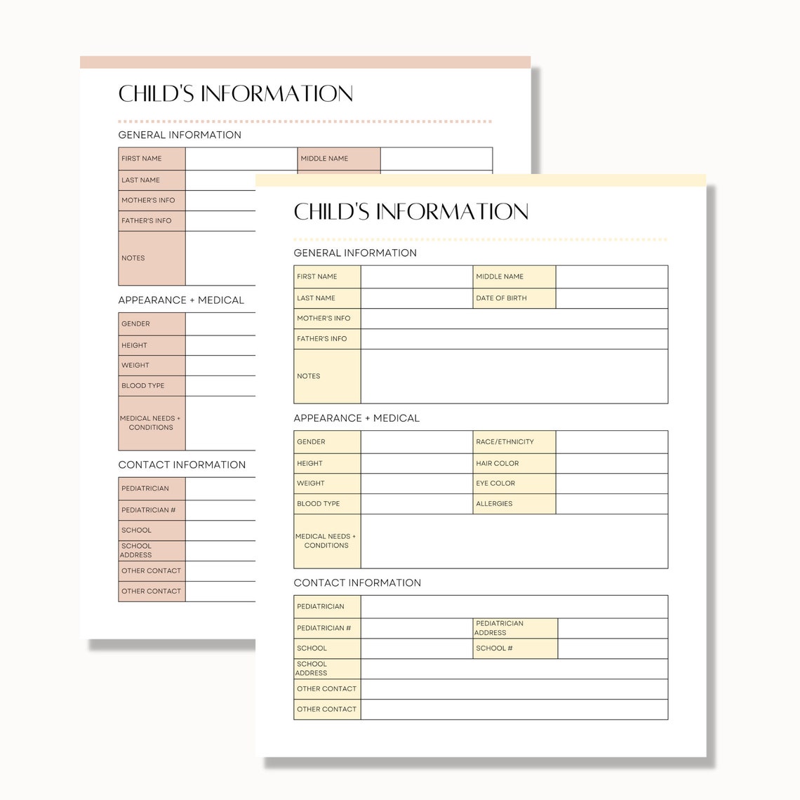 Printable Child's Information Sheet, Important Information Sheet ...