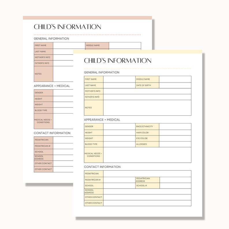 Printable Child's Information Sheet, Important Information Sheet ...
