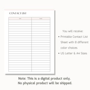Printable Contact List, Contact List Sheet, Phone Number Log, Address ...