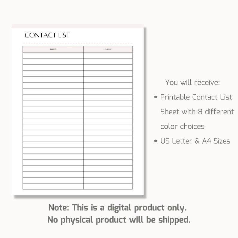 Printable Contact List, Contact Sheet, Phone Number List, Address Book ...
