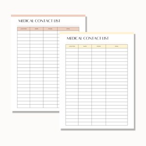 Printable Medical Contact List, Doctor Contact List, Medical Contact ...