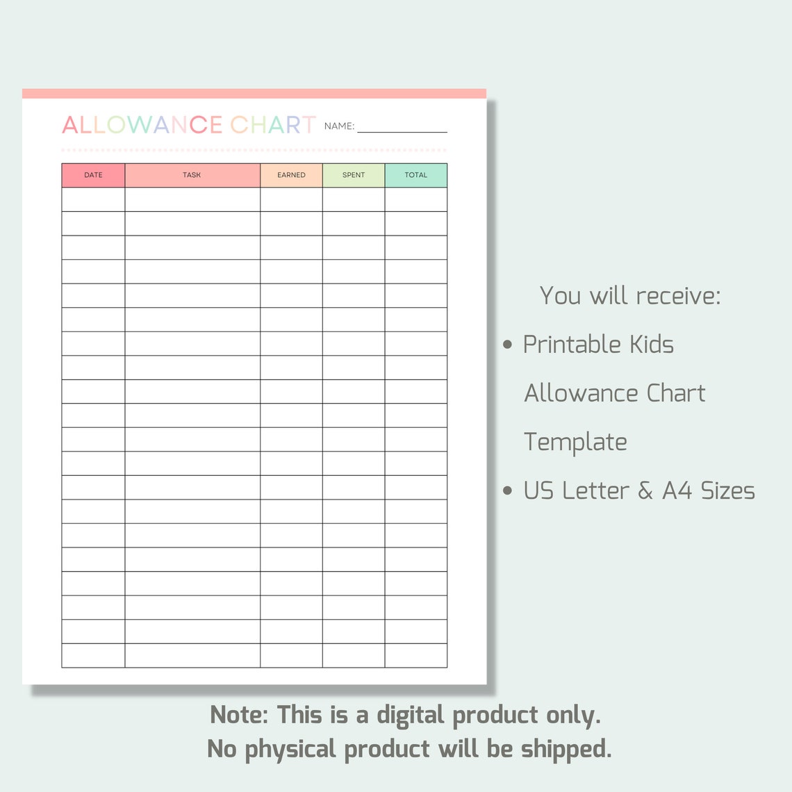 Printable Kids Allowance Chart, Allowance Tracker, Kids Savings Tracker ...