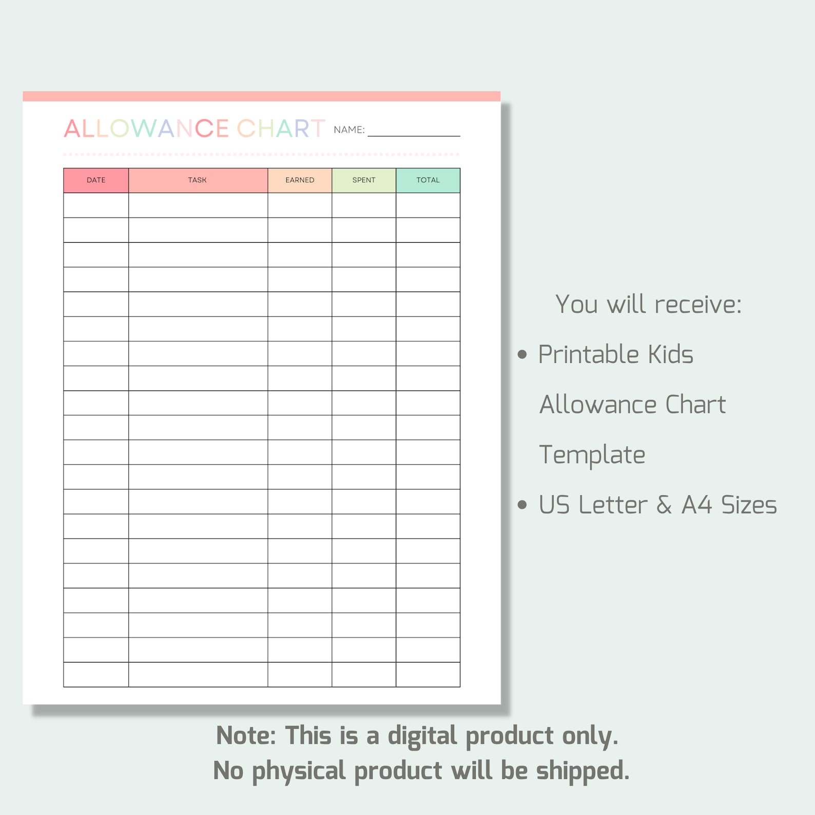 Printable Kids Allowance Chart, Allowance Tracker, Kids Savings Tracker ...