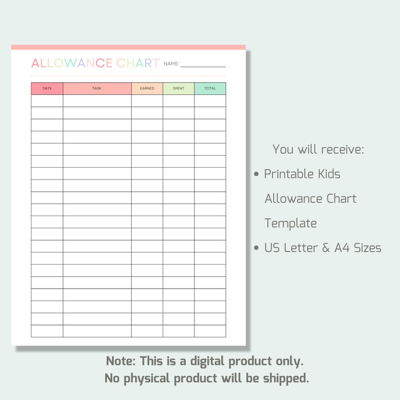 Printable Kids Allowance Chart, Allowance Tracker, Kids Savings Tracker ...