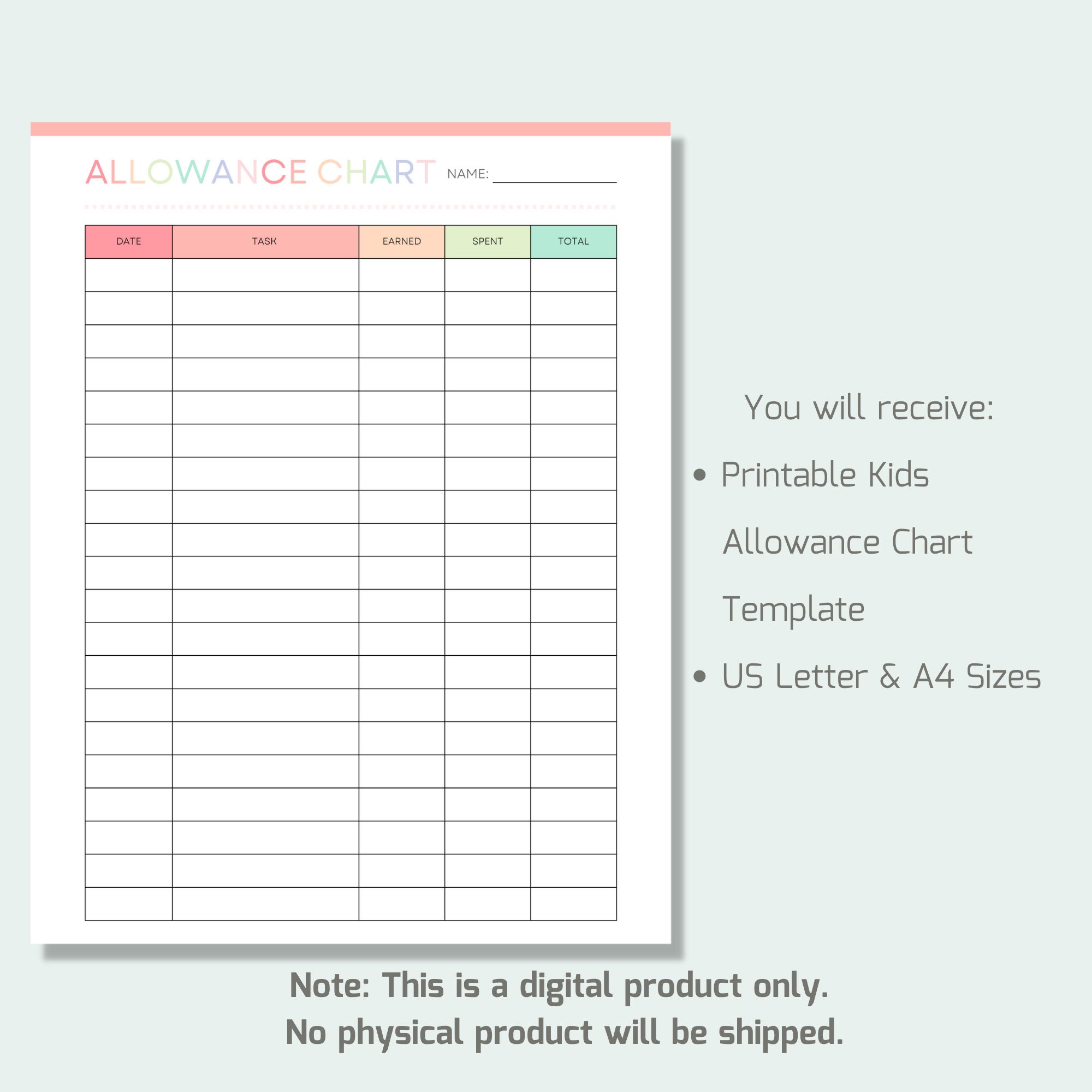 Printable Kids Allowance Chart, Allowance Tracker, Kids Savings Tracker ...