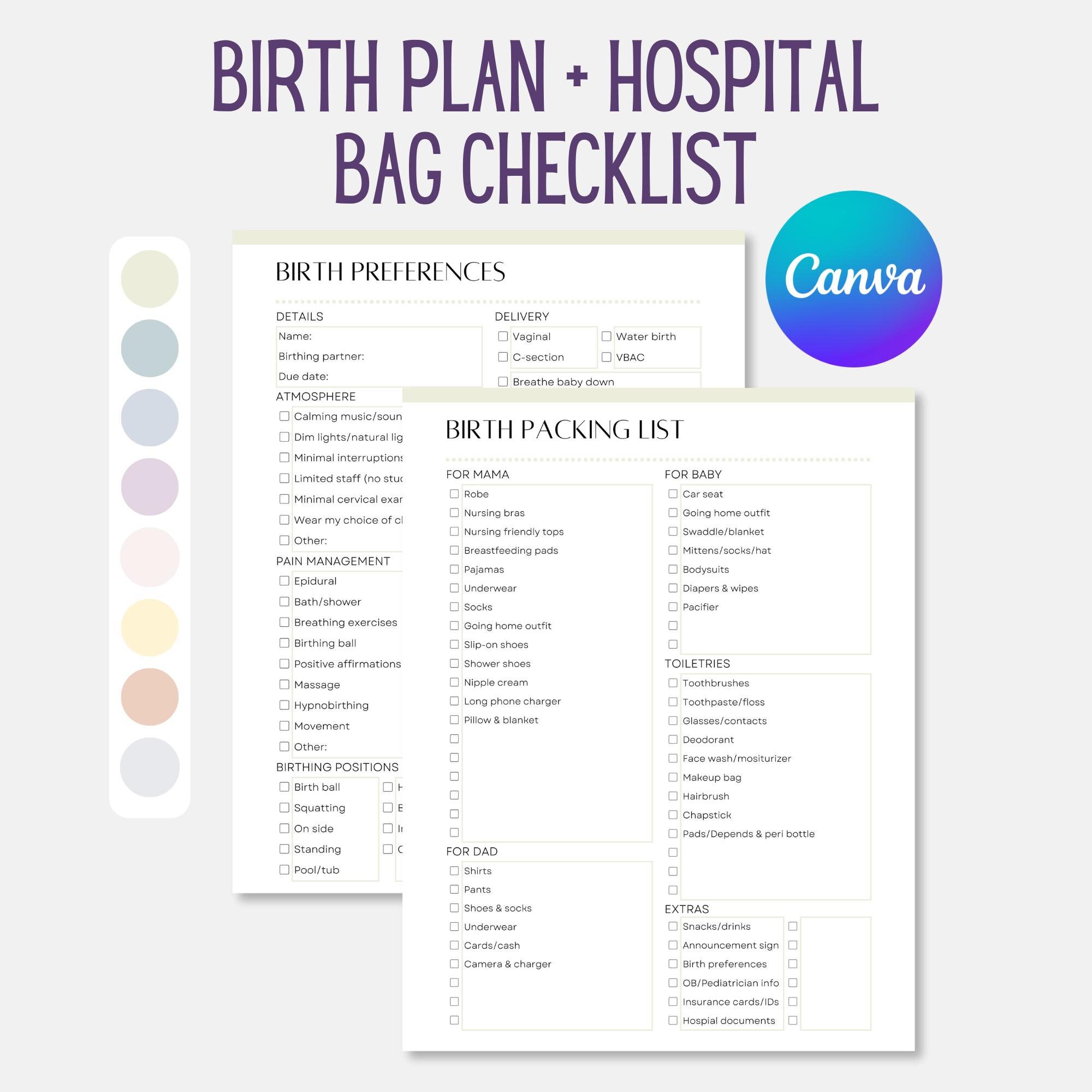 Editable Birth Plan, Birth Preferences, Editable Hospital Bag Checklist ...