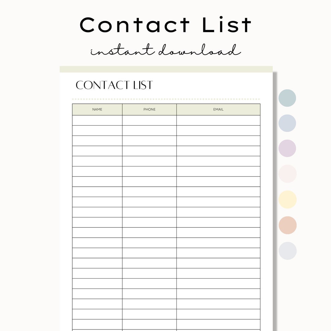 Printable Contact List Contact List Sheet Phone Number Log Address