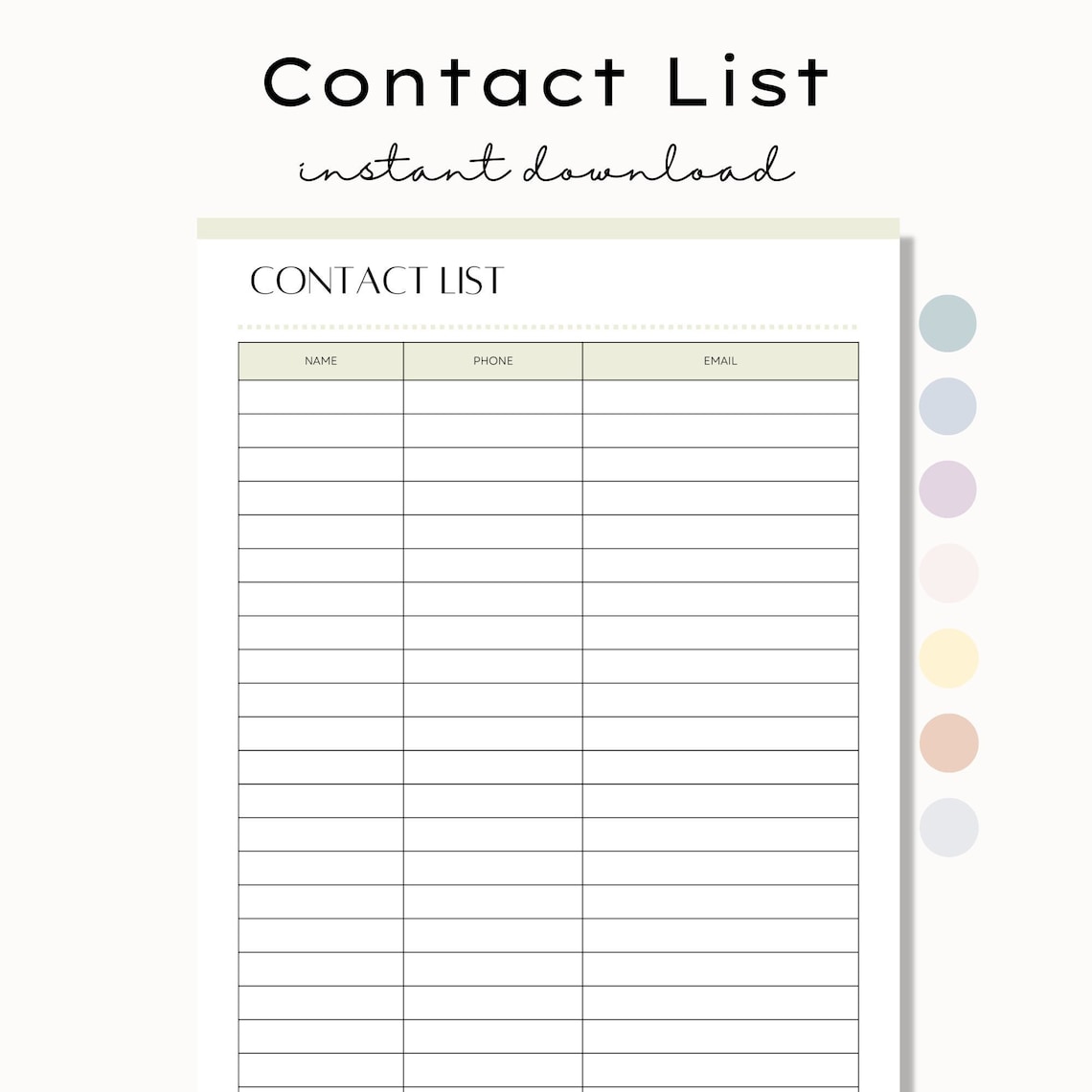 Printable Contact List, Contact List Sheet, Phone Number List, Contacts ...
