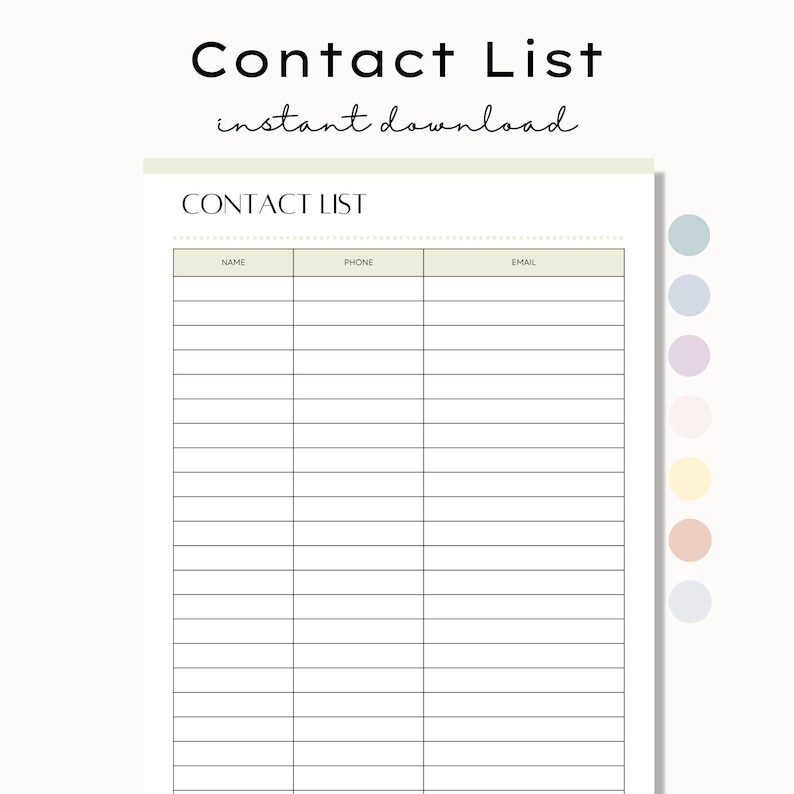 Printable Contact List, Contact List Sheet, Phone Number List, Contacts ...