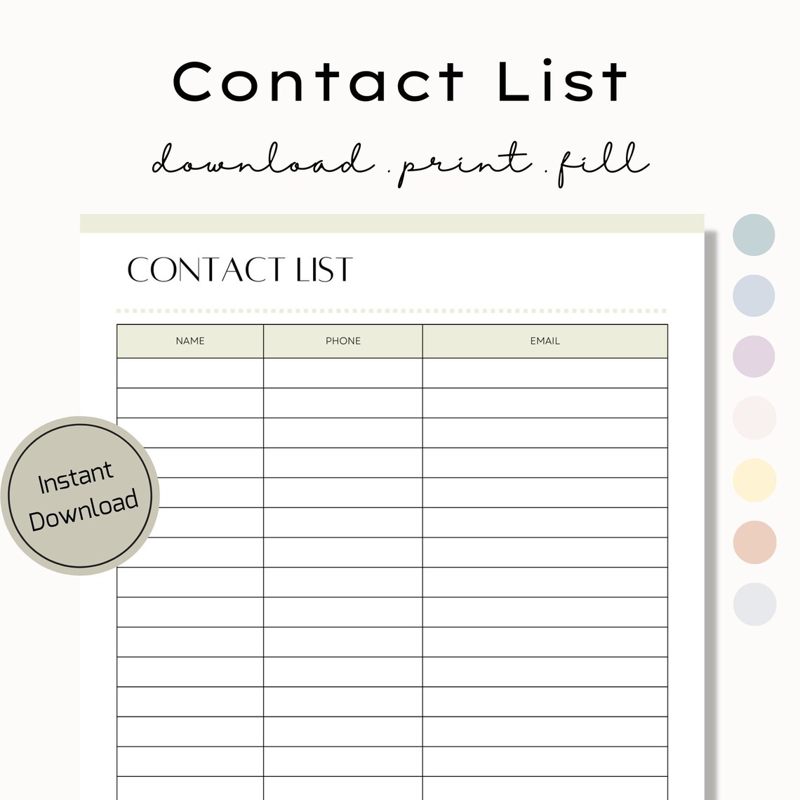 Printable Contact List Contact List Sheet Phone Number Log - Etsy