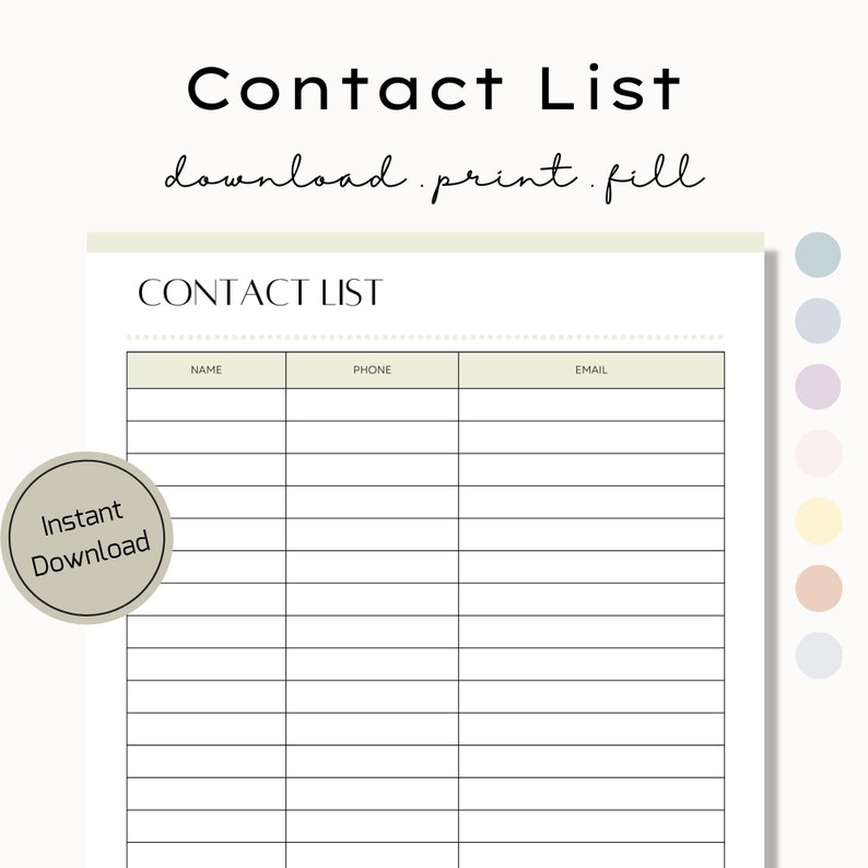 Printable Contact List Contact List Sheet Phone Number Log - Etsy