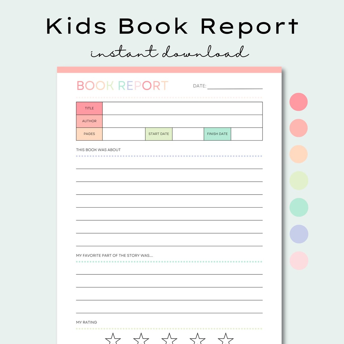 Printable Kids Book Report, Summer Reading, Daily Reading Log, Children ...