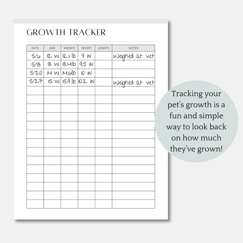 Printable Pet Growth Tracker, Puppy Growth Chart, Kitten Weight Chart ...