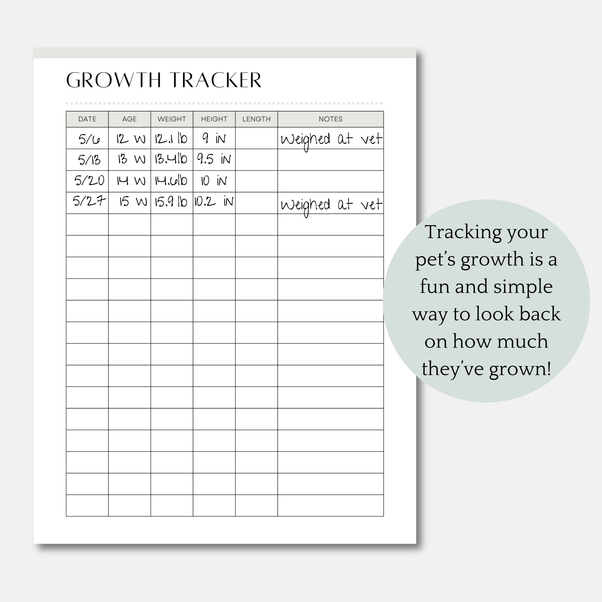 Printable Pet Growth Tracker, Puppy Growth Chart, Kitten Weight Chart ...