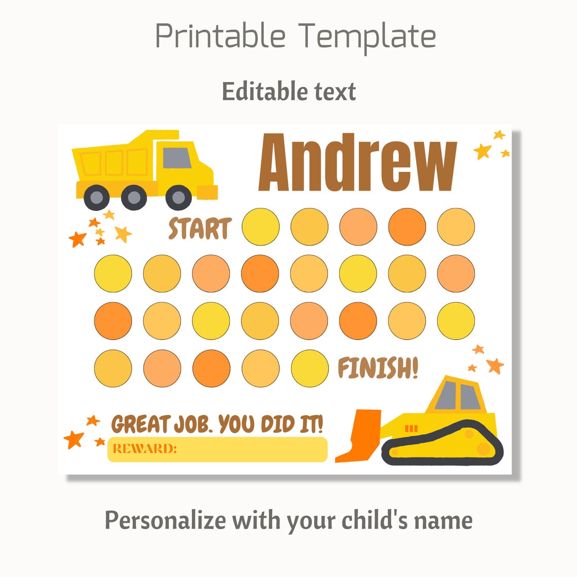 Construction Reward Chart, Printable Sticker Chart, Editable ...