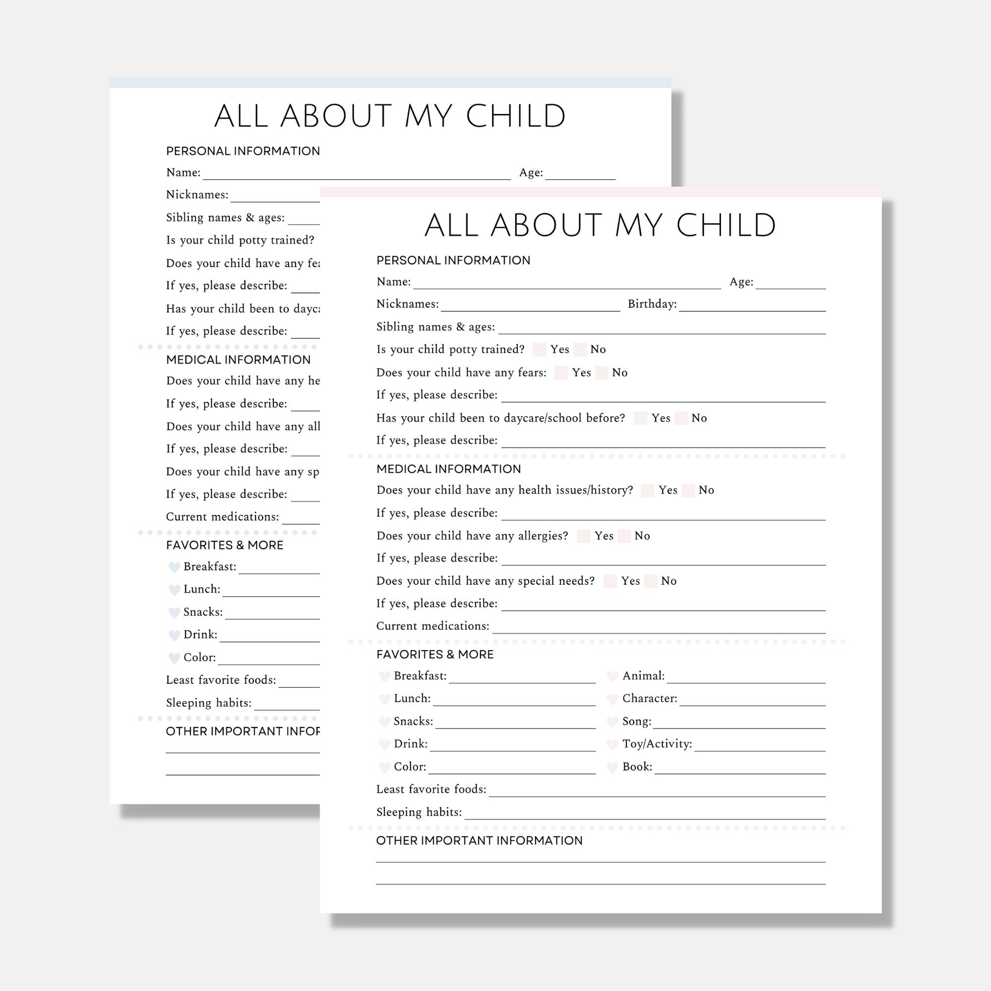 Printable Daycare All About Me Form, Child Information Sheet, Daycare ...