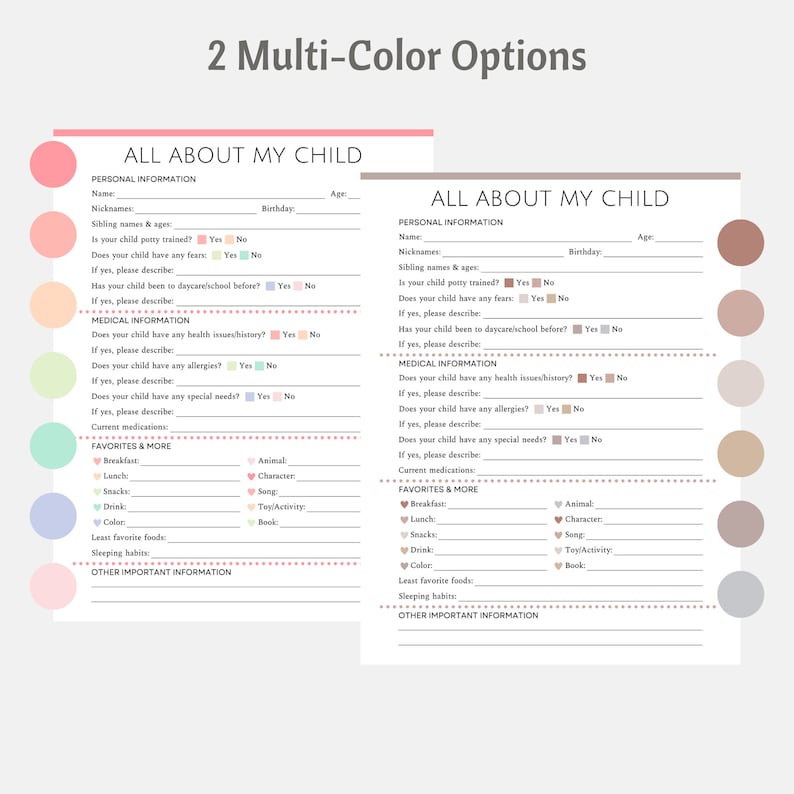 Printable Daycare All About Me Form, Child Information Sheet, Daycare ...