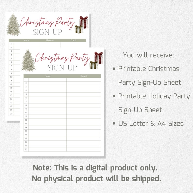 Christmas Party Sign up Sheet, Holiday Party Sign up Sheet, Printable ...