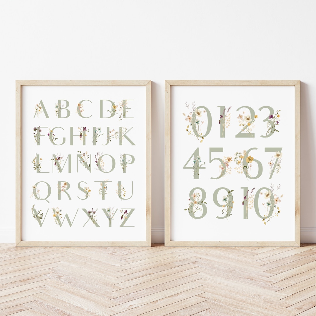 Set of 2 Floral Alphabet Numbers Poster, Wildflower Alphabet Poster ...
