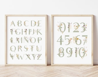 Set of 2 Wildflowers Alphabet Numbers Poster, Floral Alphabet Print ...
