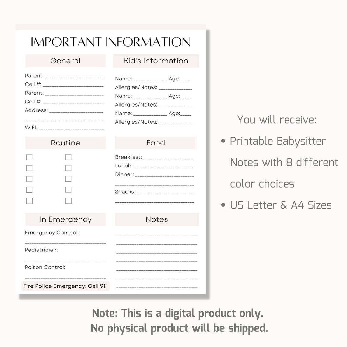 Printable Babysitter Important Information Sheet Template, Nanny Notes ...