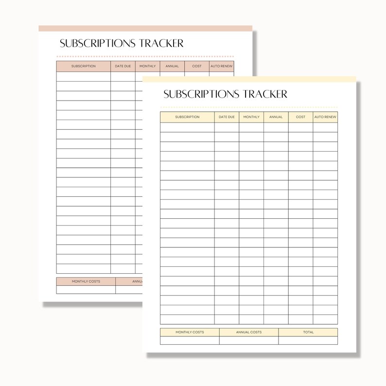 Printable Subscriptions Tracker, Monthly, Annual Subscriptions ...