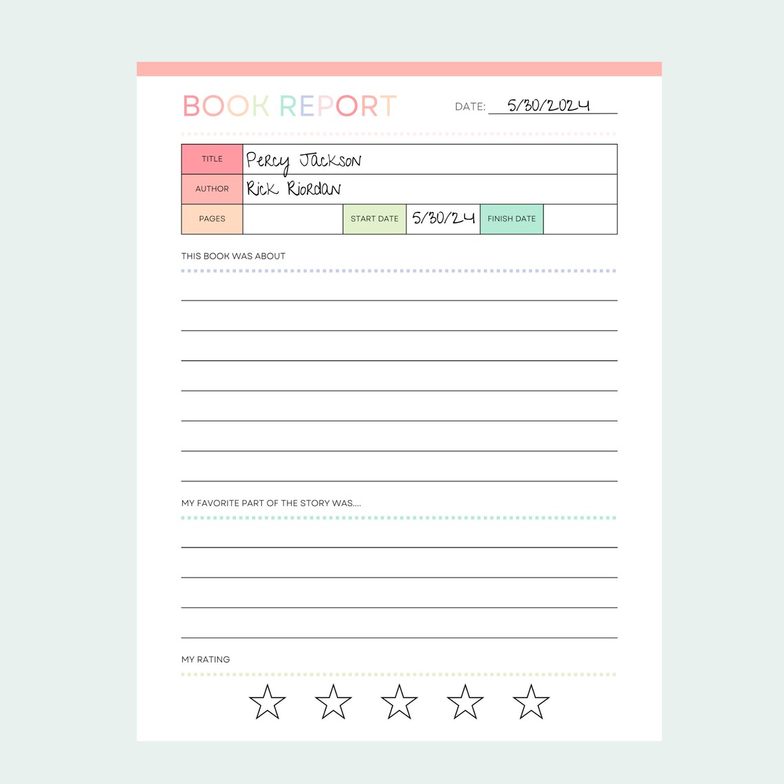 Printable Kids Book Report, Summer Reading, Daily Reading Log, Children ...