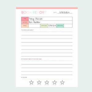 Printable Kids Book Report, Summer Reading, Daily Reading Log, Children ...