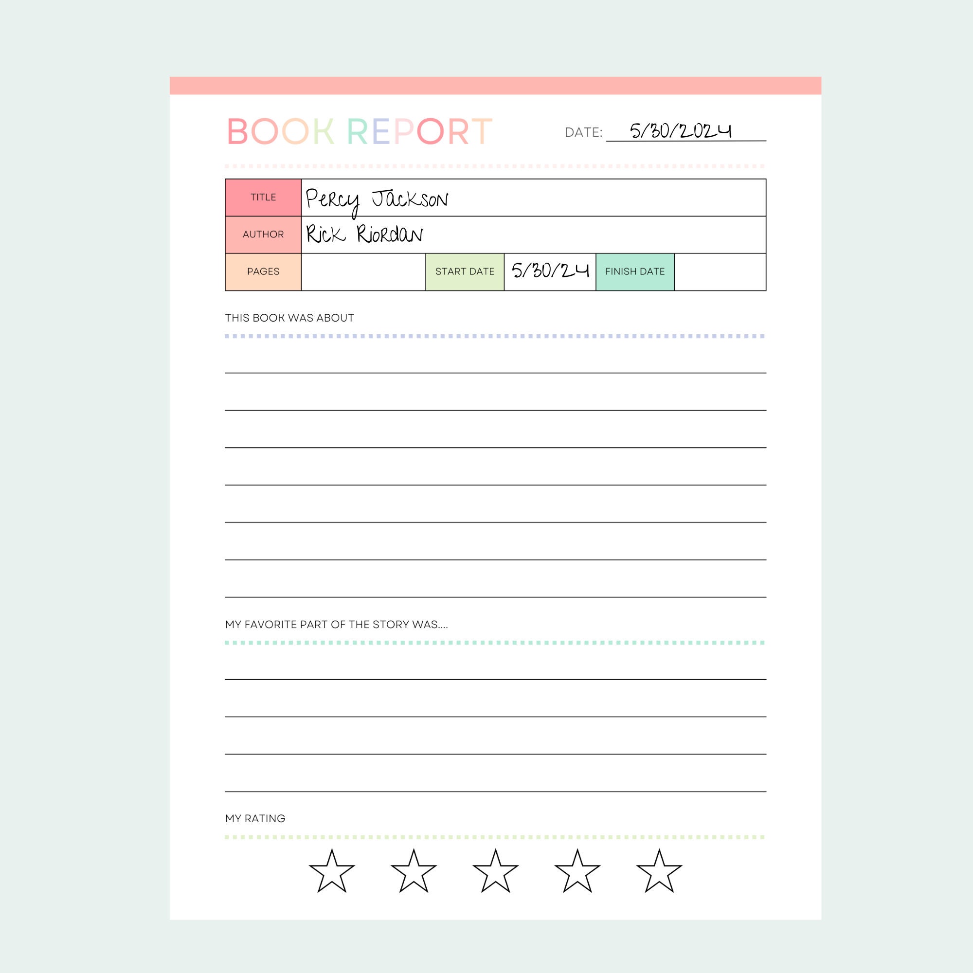 Printable Kids Book Report, Summer Reading, Daily Reading Log, Children ...