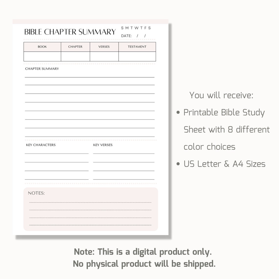 Printable Bible Study Template, Bible Chapter Summary Worksheet, Bible ...