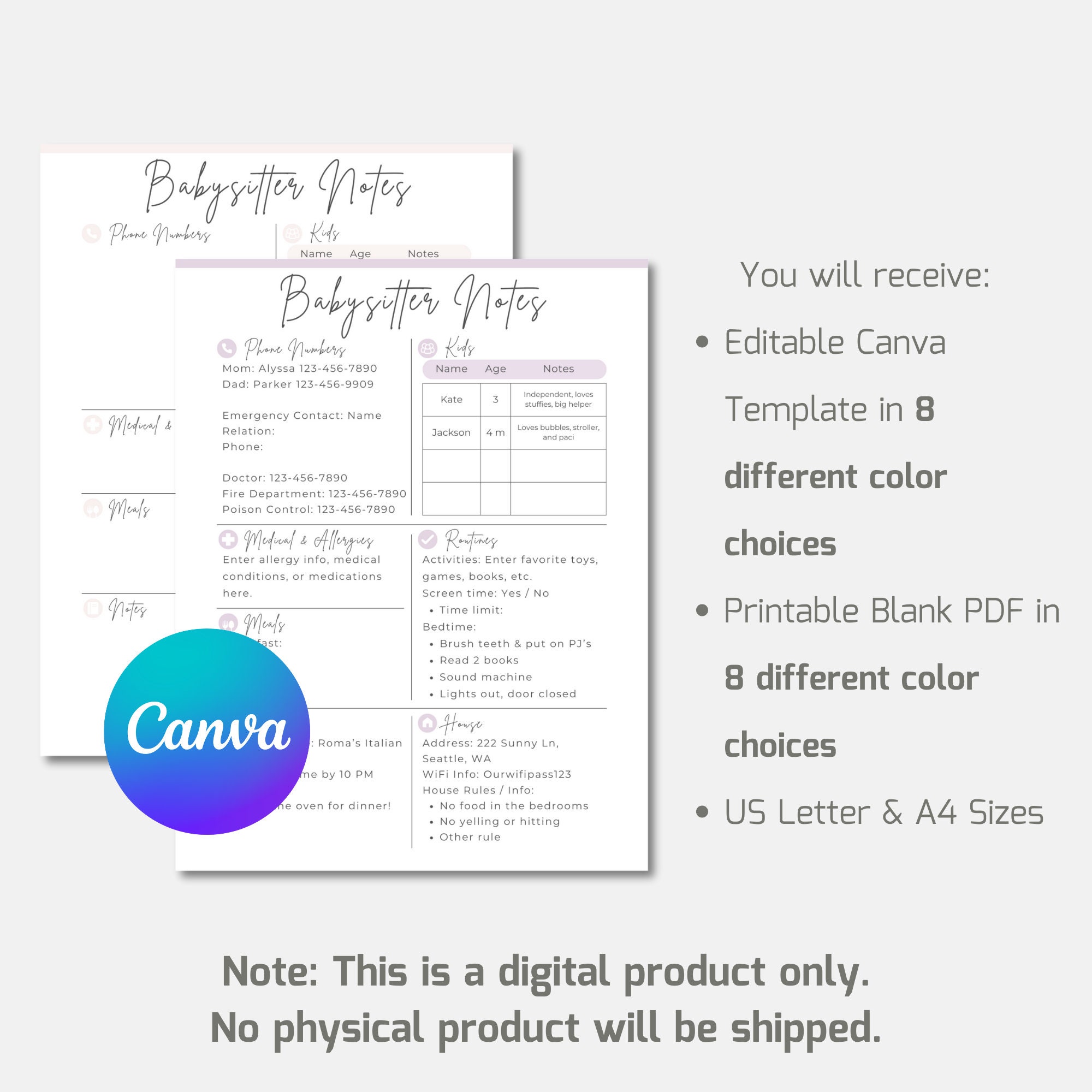 Editable Babysitter Information Sheet, Printable Babysitter Planner ...