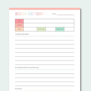 Printable Kids Book Report, Summer Reading, Daily Reading Log, Children ...