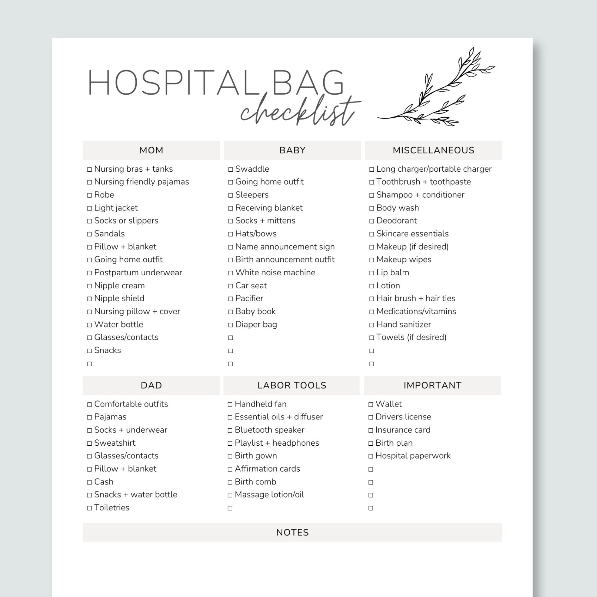 Hospital Bag Checklist Printable, Hospital Bag Packing List Template ...