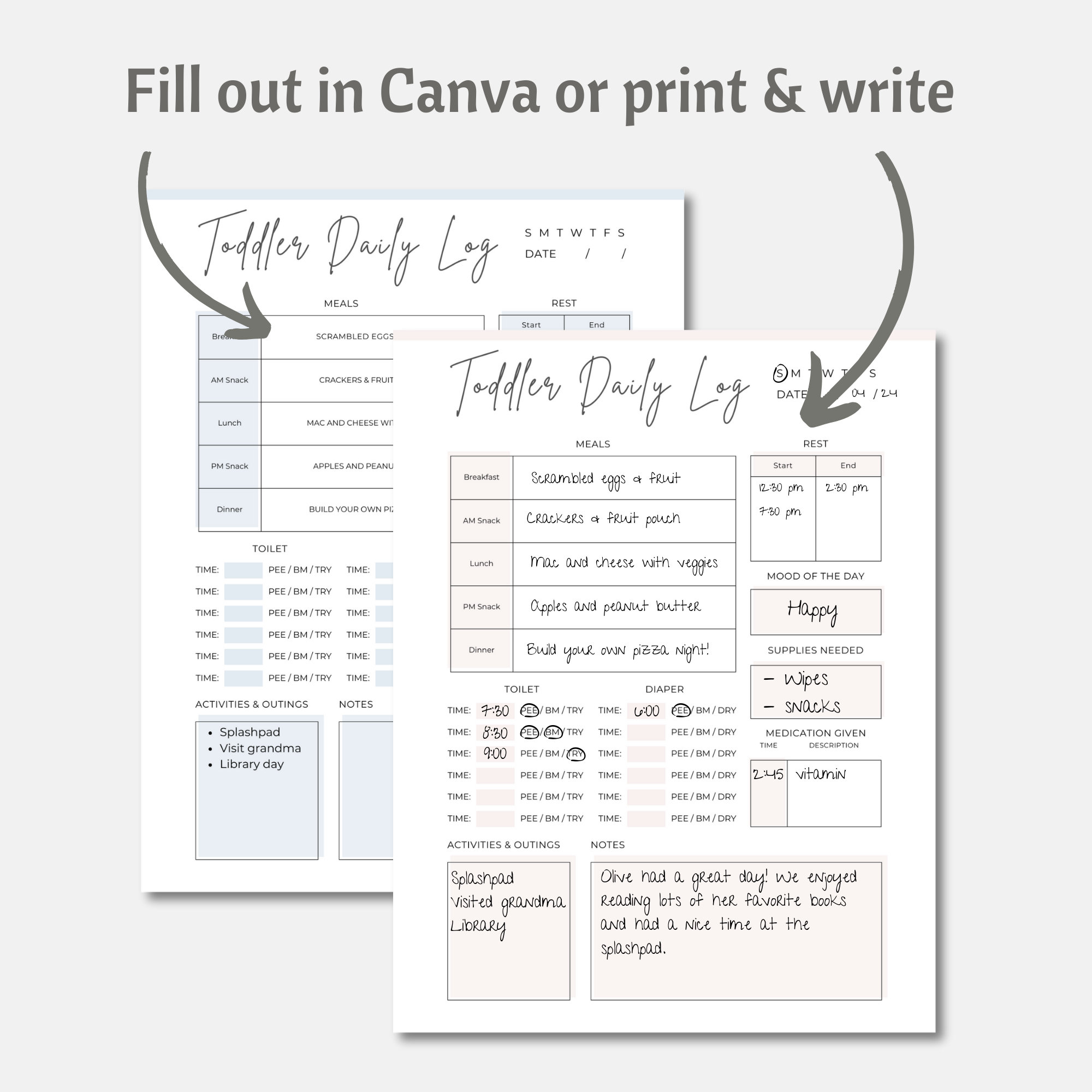 Editable Toddler Daily Report, Child Log, Toddler Meal Log, Child Care ...