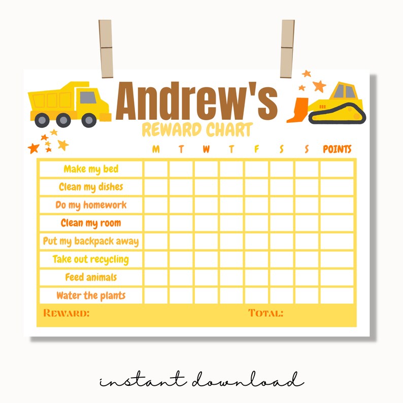 Construction Reward Chart, Printable Reward Chart, Editable ...