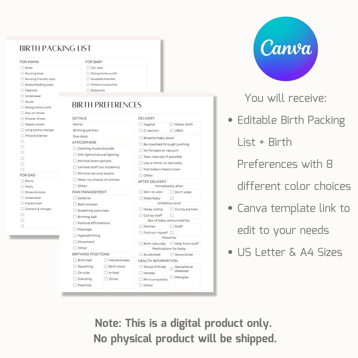 Editable Birth Plan, Birth Preferences, Editable Hospital Bag Checklist ...