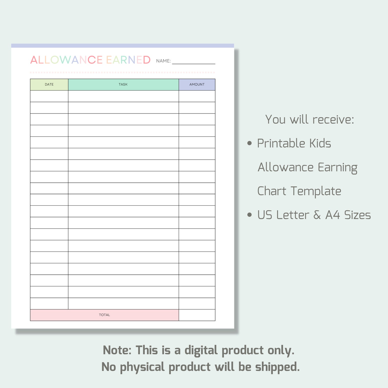Printable Kids Allowance Chart, Allowance Tracker, Kids Savings Tracker ...