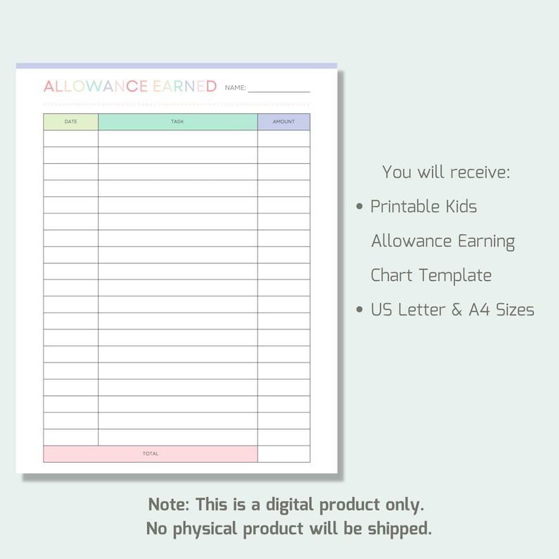 Printable Kids Allowance Chart, Allowance Tracker, Kids Savings Tracker ...