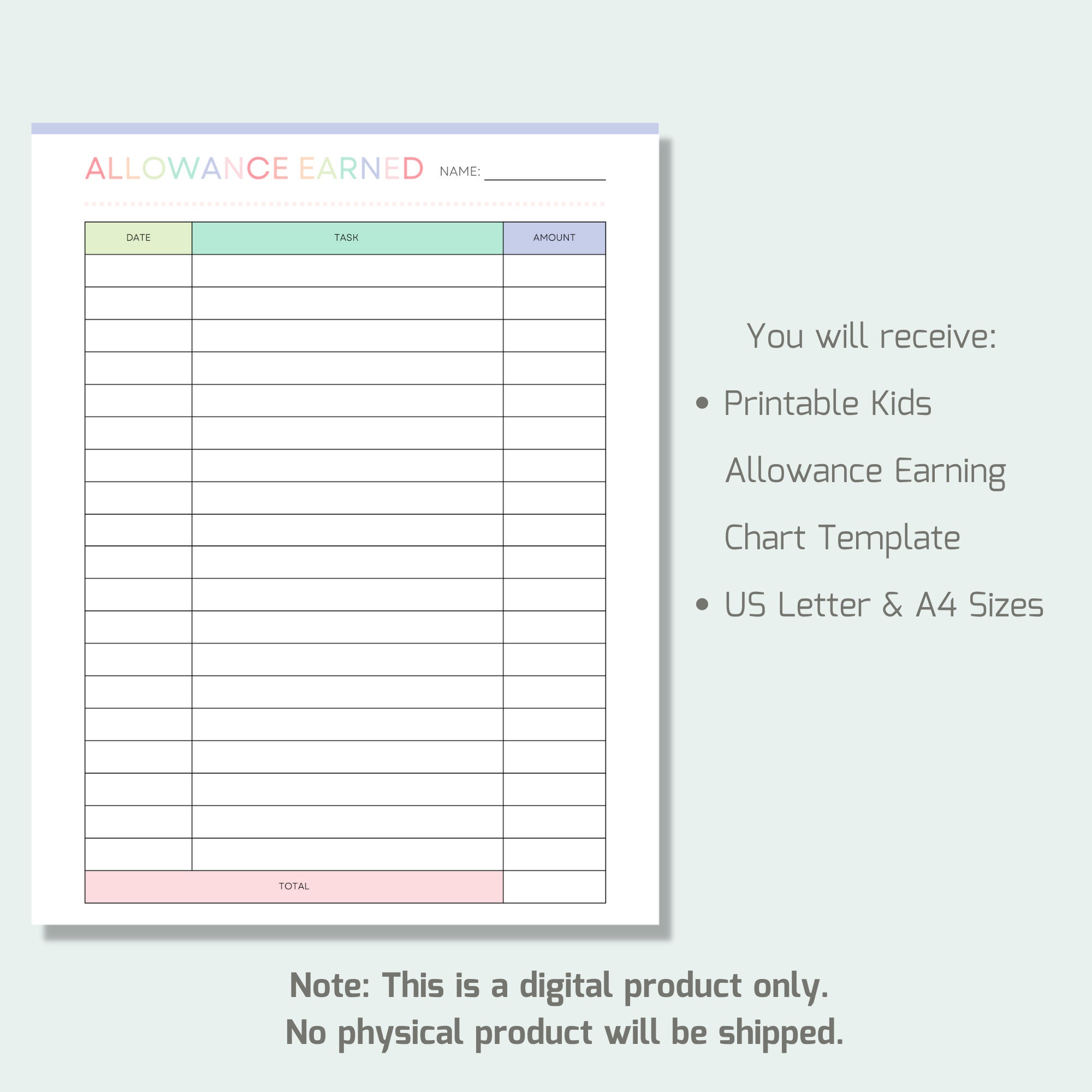 Printable Kids Allowance Chart, Allowance Tracker, Kids Savings Tracker ...