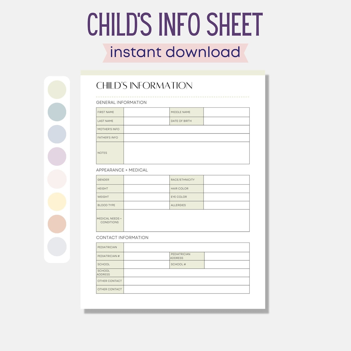 Printable Child Information Sheet, Daycare Child Contact Information ...