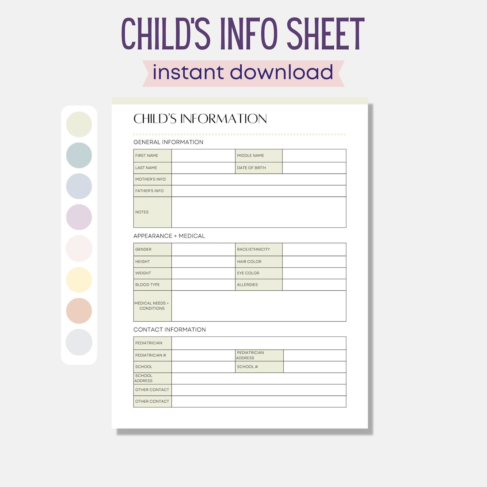 Printable Child Information Sheet, Daycare Child Contact Information, Preschool Parent Contact ...