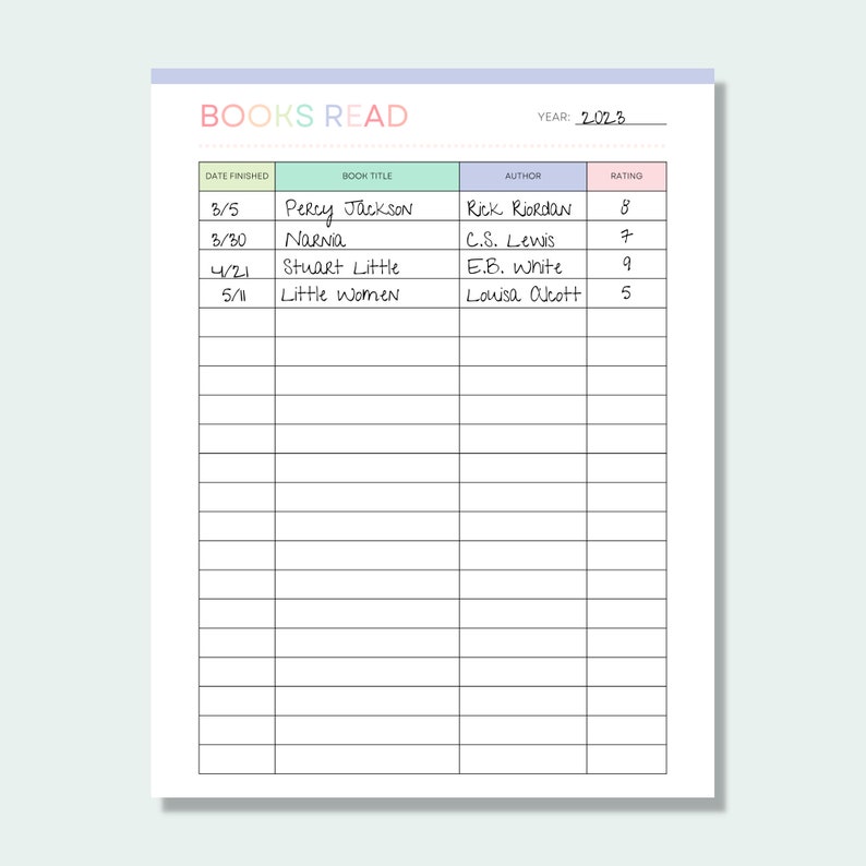 Printable Kids Books Read Log, Book Rating Tracker, Reading Log for ...